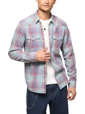 Lucky Brand Plaid Flannel Acid Wash Western Shirt - Blue Multi