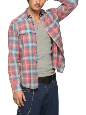 Lucky Brand Plaid Flannel Acid Wash Western Shirt - Rust Multi