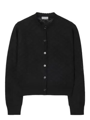Burberry Wool Silk Check Pointelle Cardigan With Crocheted Collar - Black