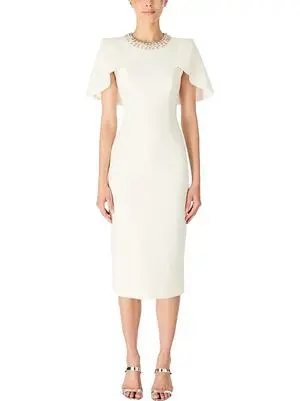 Jenny Packham Jenny Packham Thalia Midi Dress With Embellished Neckline And Cape Sleeves Vanilla