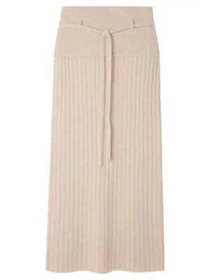 Guest In Residence Lia Layered Ribbed Cashmere And Linen-Blend Midi Skirt Sand