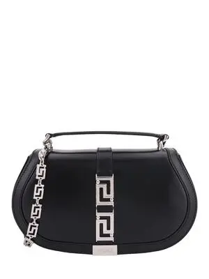 Versace Leather Handbag With Metal La Greca Detail - Black