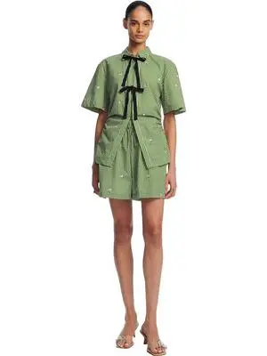 Lela Rose Embroidered Striped Cotton Shorts - Green / Yellow