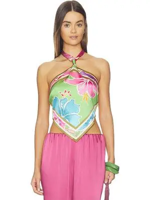 Retrofete Jamie Halter Neck Silk Blend Top - Kiwi Hibiscus Floral