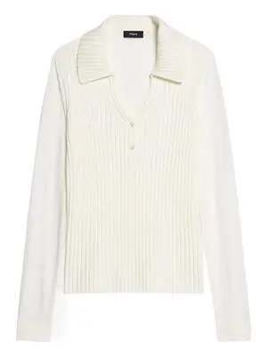 Theory Ribbed Wool Collared Polo Sweater - White