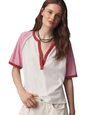 PILCRO 100% Cotton Henley Tee - Pink Pattern