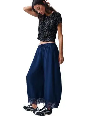 Anthropologie Reverie Lace-trim Tapered Pants - Navy