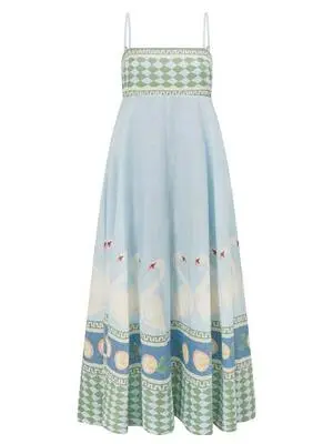 SMWR. BY THE SOMEWHERE CO Swan Lake Printed Linen Maxi Dress - Light Blue
