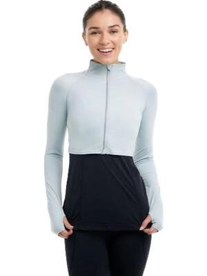 BLOQUV Long Sleeve Full Zip Crop Top Sun Shirt For Uv Protection - Soft Gray