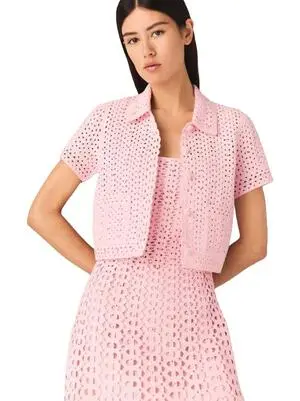 Maje Cropped Crochet Rhinestone Cardigan - Pink