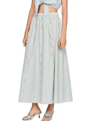 SANDRO Rhinestone Striped Flared Long Skirt