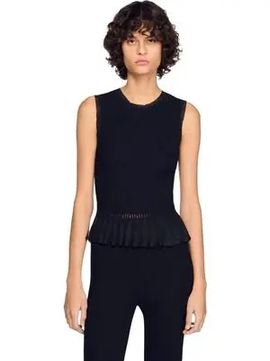Sandro Fitted Ottoman Knit Top With Ruffles - Black