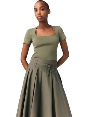 Maje Square Neck Ribbed Knit Top - Khaki