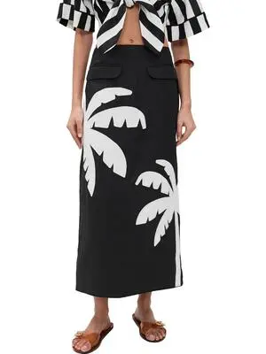 Farm Rio Embroidered Palm Tree Maxi Skirt - Black