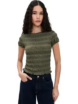 Madewell Smocked Short Sleeve Top - Faded Ivy W/ White Stitch