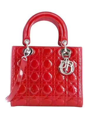 Dior Lady Medium Satchel Cannage Quilt Patent - Red