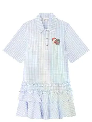GANNI Gingham Ruffled Mini Dress - Blue