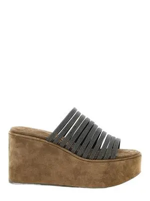 Brunello Cucinelli Brunello Cucinelli Suede Wedge Sandal With Monile Embellishment Brown