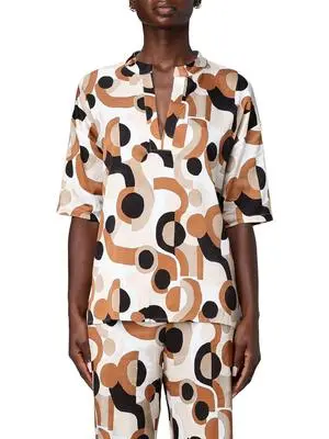 KANGRA Abstract Geometric Print Stretch Viscose Blouse - Brown