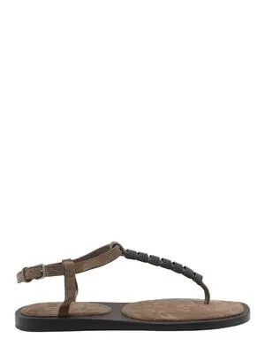 Brunello Cucinelli Suede Monili Thong Sandals - Brown