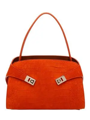 FERRAGAMO Ferragamo Hug Croc Print Suede Shoulder Bag Orange