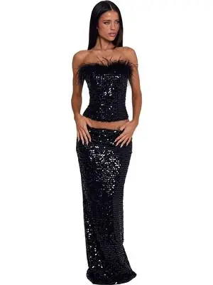 OUTCAST Sequin Corset Top With Feather Trim - Black