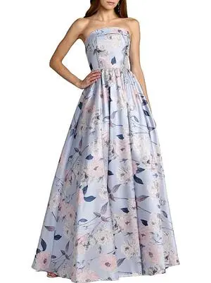 Mac Duggal Strapless Floral Brocade A-line Ballgown - Blue Multi