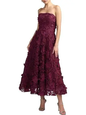 Mac Duggal Floral Lace Strapless A-line Midi Dress - Plum