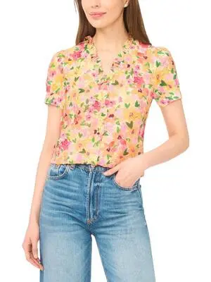 CECE DUPRAZ Floral Ruffle-trimmed Button-up Top - Claret Red/yellow Multi