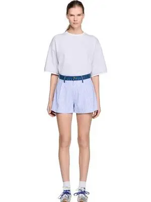 Sandro Striped Flared Shorts With Denim Belt - Blue/green