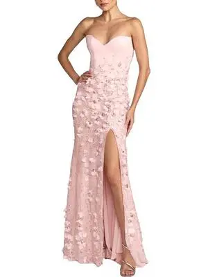 Mac Duggal Floral Satin Strapless Sweetheart Gown With Slit - Blush