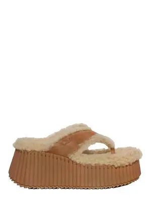 Chloé Shearling Flatform Sandals - Neutrals