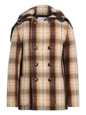 LANVIN Flannel Tartan Double-breasted Coat - Beige