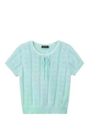 TOUT A COUP Tie Neck Openwork Sweater - Blue