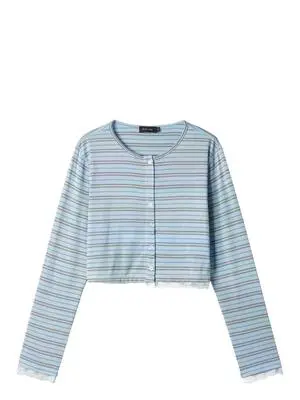 TOUT A COUP Striped Cardigan With Lace Trim - Blue