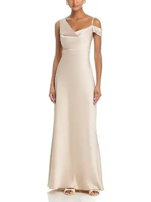 Aqua Long Satin One Shoulder Gown - Champagne
