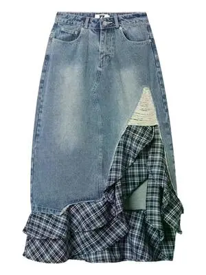 Izzue Frayed Check Ruffled Skirt - Blue