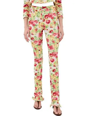 Acne Studios Floral Print Ribbed Stretch Trousers With Ruffled Hem - Pink/multi