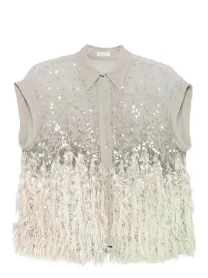 Brunello Cucinelli Sequin Embellished Fringed Shirt - Neutrals