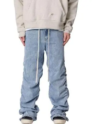 Mnml Ruched Wide Leg Denim Jeans - Light Blue