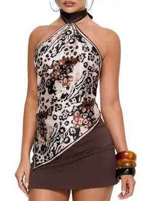 Princess Polly Keighla Tie Back Satin Halter Top - Leopard