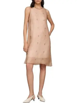 Lafayette 148 New York Hand Beaded Silk Organza Shift Dress - Brownstone