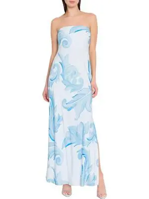 MILLY Floral Print Strapless Dress - Light Blue