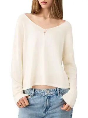 Mango Semisheer V-neck Crop Sweater - Ecru