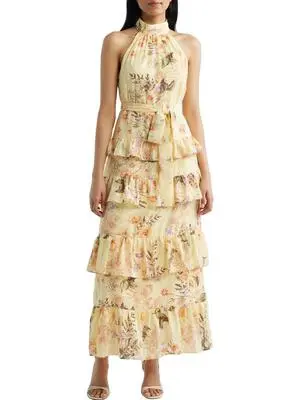 Anne Klein Tiered Ruffle Sleeveless Chiffon Maxi Dress - Daffodil Multi
