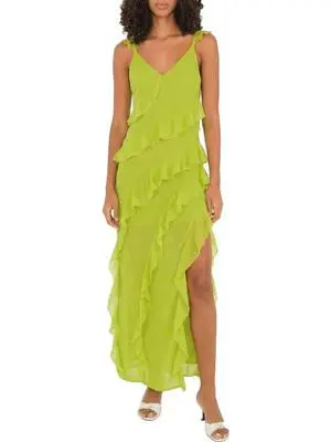 THE LULO PROJECT Cascade Ruffle Chiffon Maxi Dress - Lime