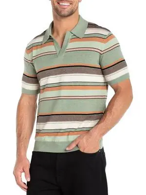 LIVERPOOL Striped Johnny Collar Polo Sweater - Sage Multi