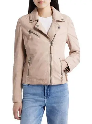 Mauritius Misty Star Back Detail Leather Moto Jacket - Bone