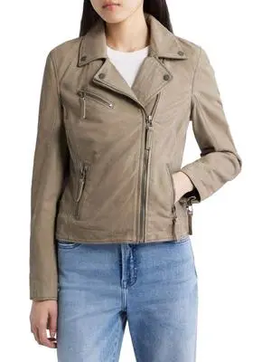 Mauritius Misty Star Back Detail Leather Moto Jacket - Sage