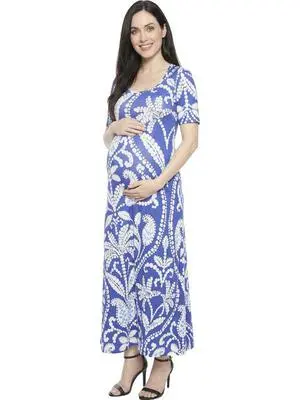 24SEVEN COMFORT APPAREL Maternity Floral A-line Maxi Dress - Blue Multi